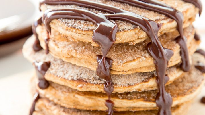CHURRO PANCAKES WITH SPICY CHOCOLATE SAUCE